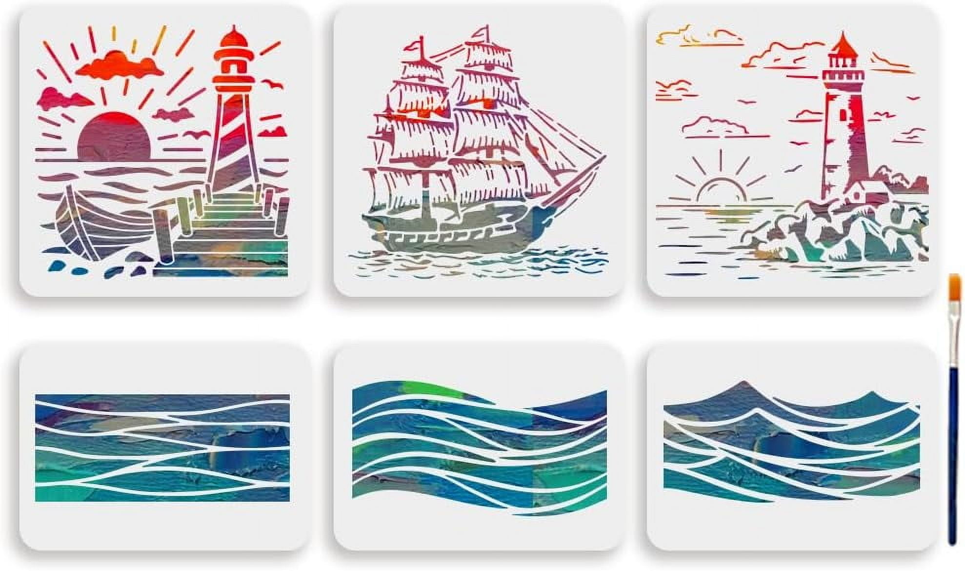 1 Set 6pcs Lighthouse Sea Wave Stencil 11.8×11.8/11.7×8.3inch Nautical ...