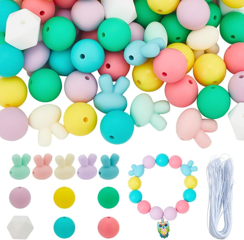 1 Set 84 Pcs Easter Themed Silicone Beads Round Silicone Beads Rabbit ...