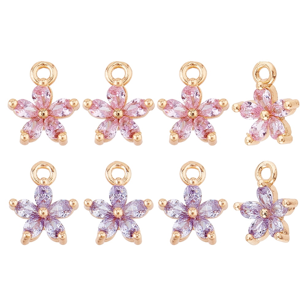 1 Set 8Pcs 2 Colors Brass Cubic Zirconia Flower Charms Real 18K Gold ...