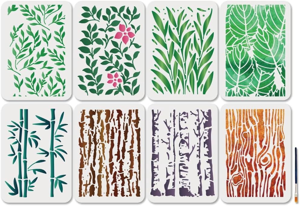 1 Set 8Pcs Leaves Painting Stencils Bamboo Template 11.7x8.3inch Bark ...