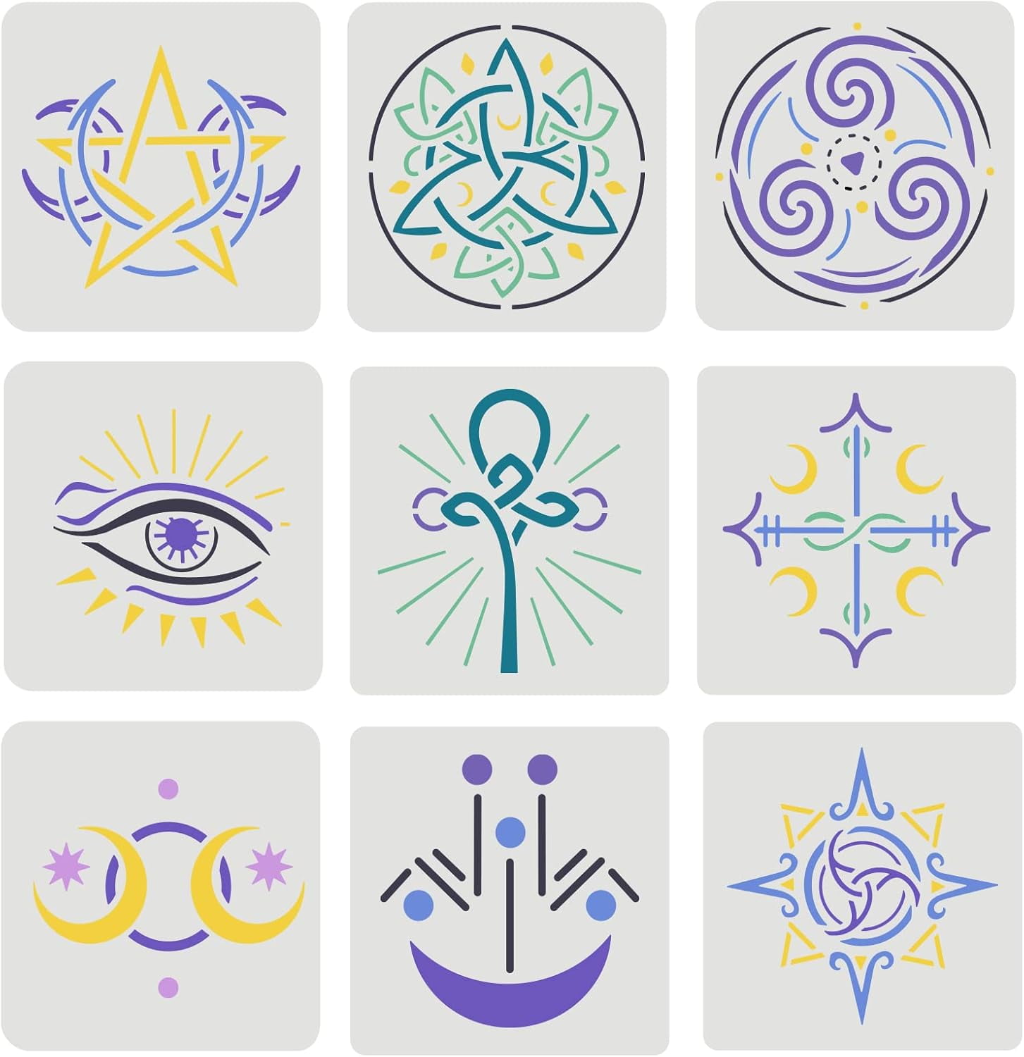 1 Set 9 Pcs Wiccan/Witch Symbols Stencils 15x15cm Stars Moon Stencil ...