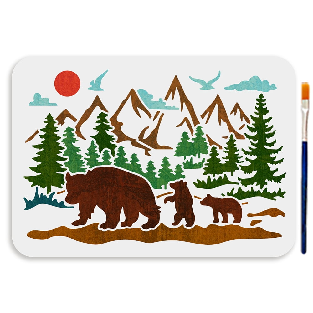 1 Set A4 Size Forest Bear Mountain Stencil Bear Family Template with ...