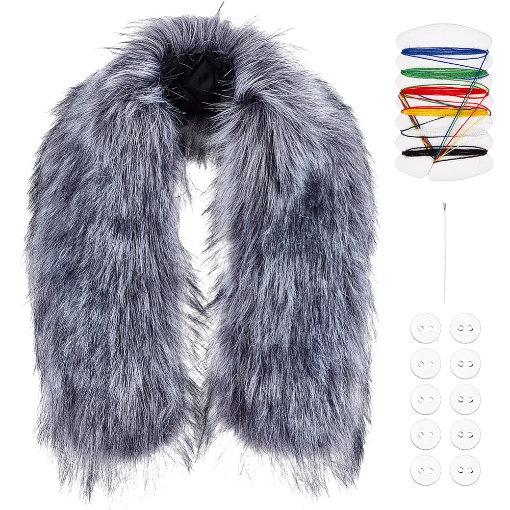 1 Set Artificial Wool Fur Collar with Needle and Thread Buttons Gray ...