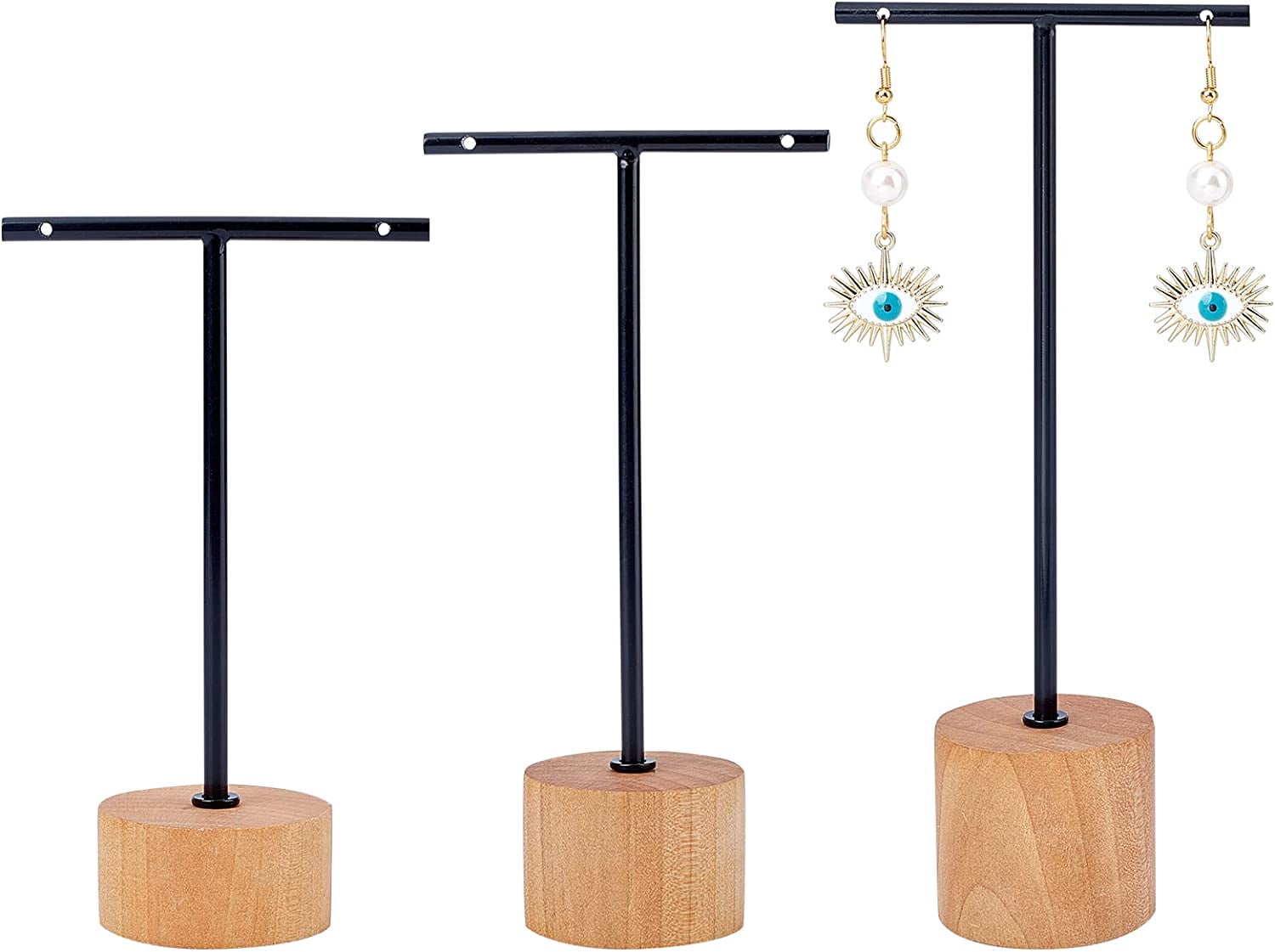 1 Set Black Metal 3 Pcs T Bar Earring Display Stand with Wooden Base ...