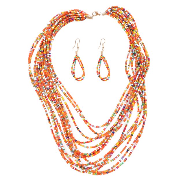 1 Set Bohemian Style Necklace Earrings Kit Fashion Multi-layered Rice ...