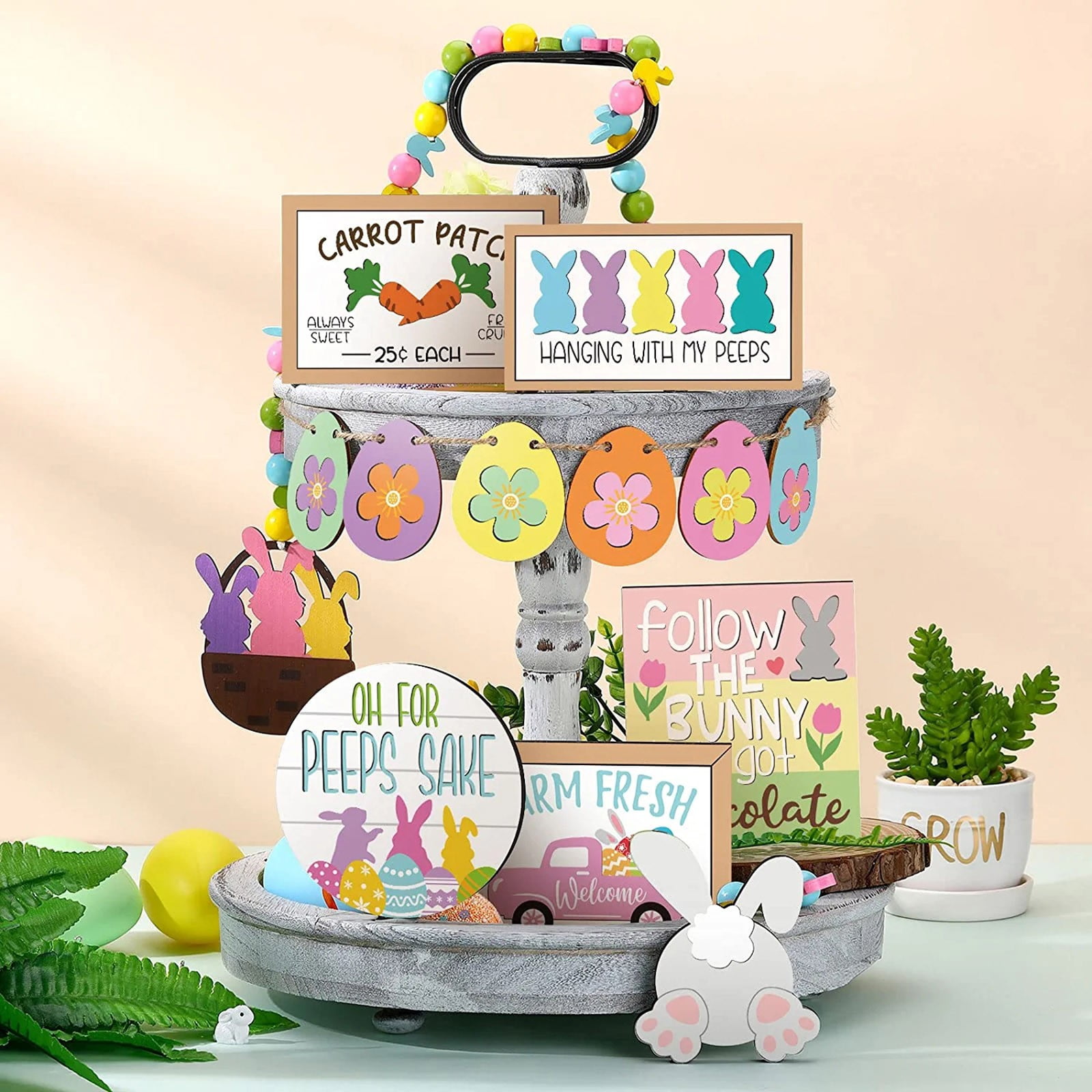 1 Set Of Easter Tiered Tray Decor Wooden Table Signs Green Block Party ...