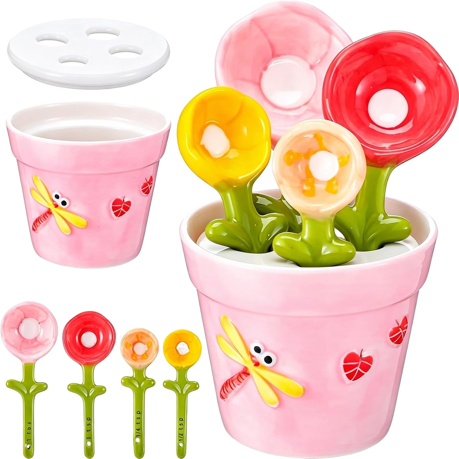 1 Set Flower Pot Measuring Spoons with Holder, Ceramic Spoons for Dry ...