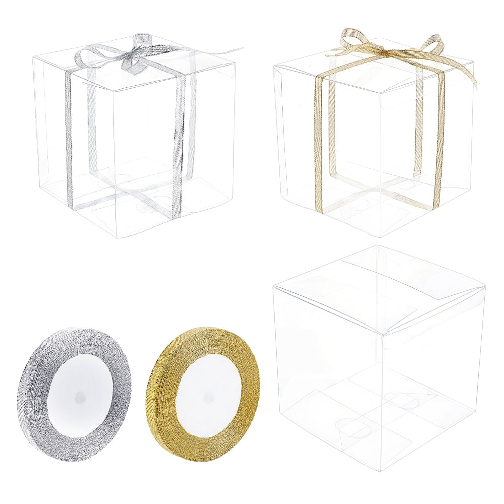 1 Set Foldable Transparent PVC Boxes with Glitter Metallic Ribbon Mixed ...