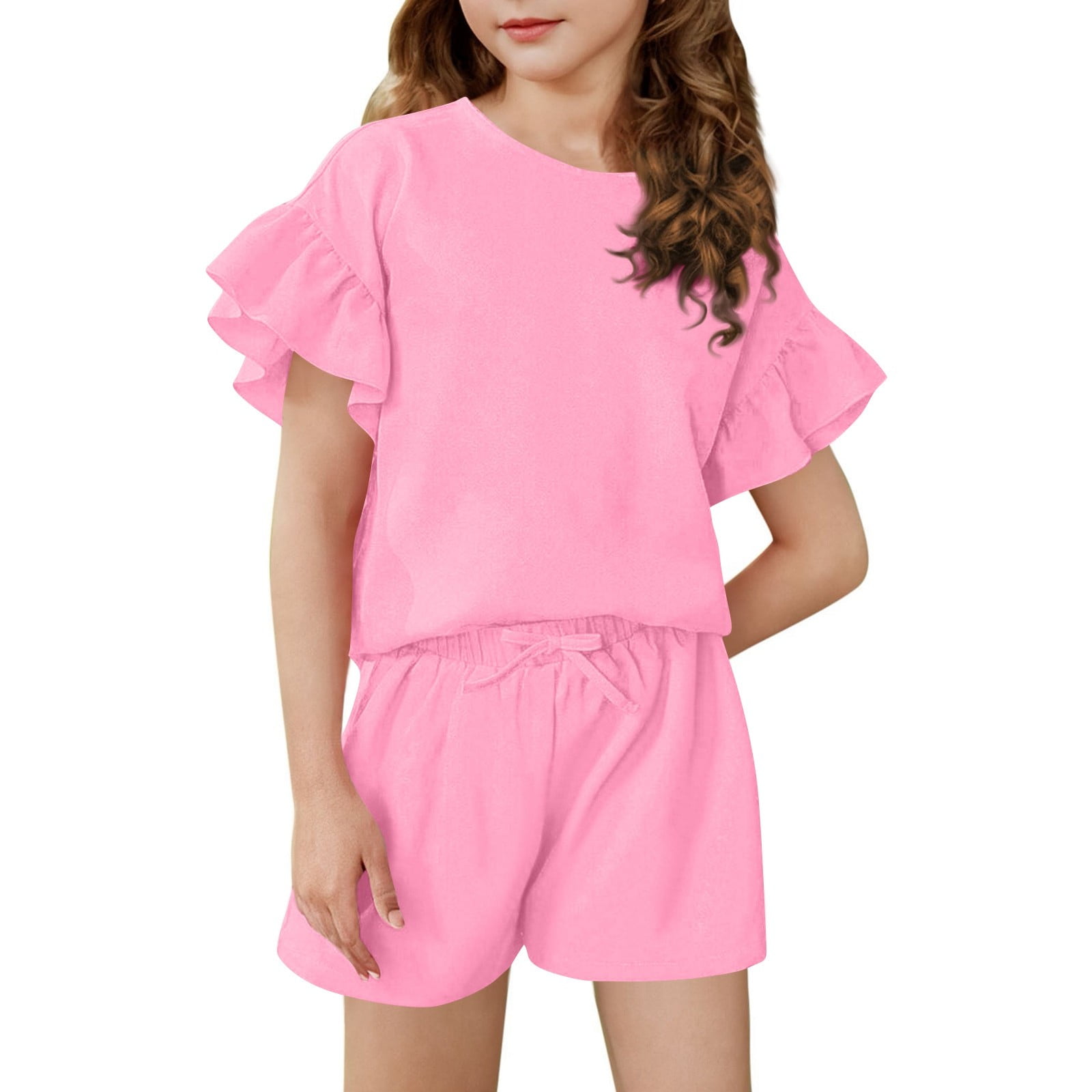 1 Set Girls' Summer 2-Piece Outfit, Ruffle Sleeve Short-Sleeve Round ...