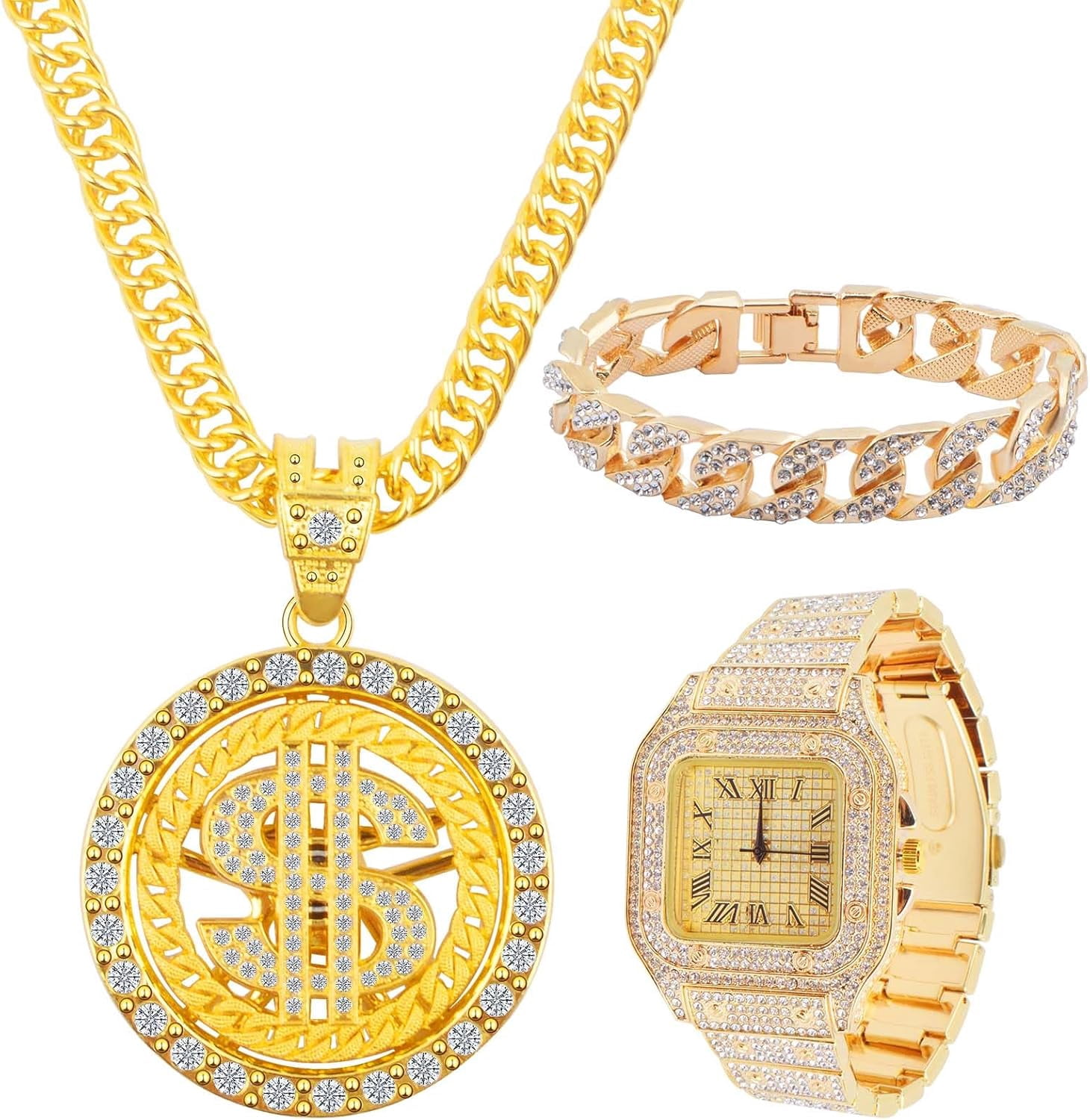 1 Set Golden Hip Hop Jewelry, 80s 90s Rapper Costume Punk Style ...