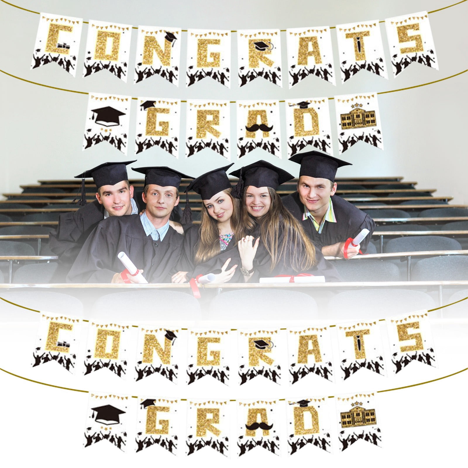 1 Set Graduation Banner Pennant, 18x13cm Black Gold Class of 2026 Paper ...