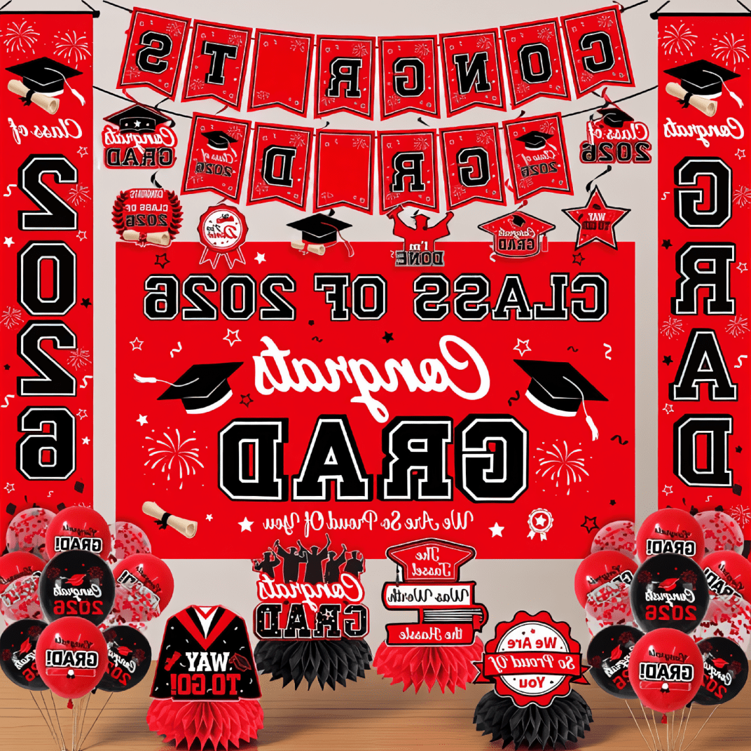 1 Set Graduation Party Decorations of 2026 Red Black Congrats Grad ...