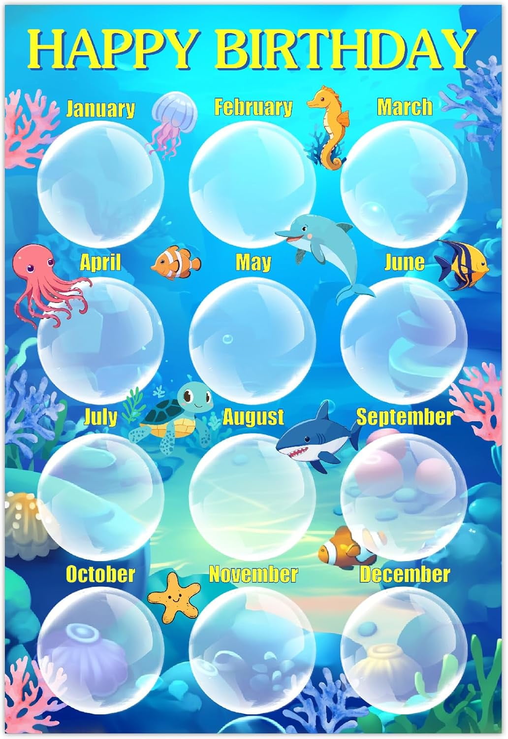 1 Set Happy Birthday Chart Birthday Month Poster Paper Reusable Sea ...