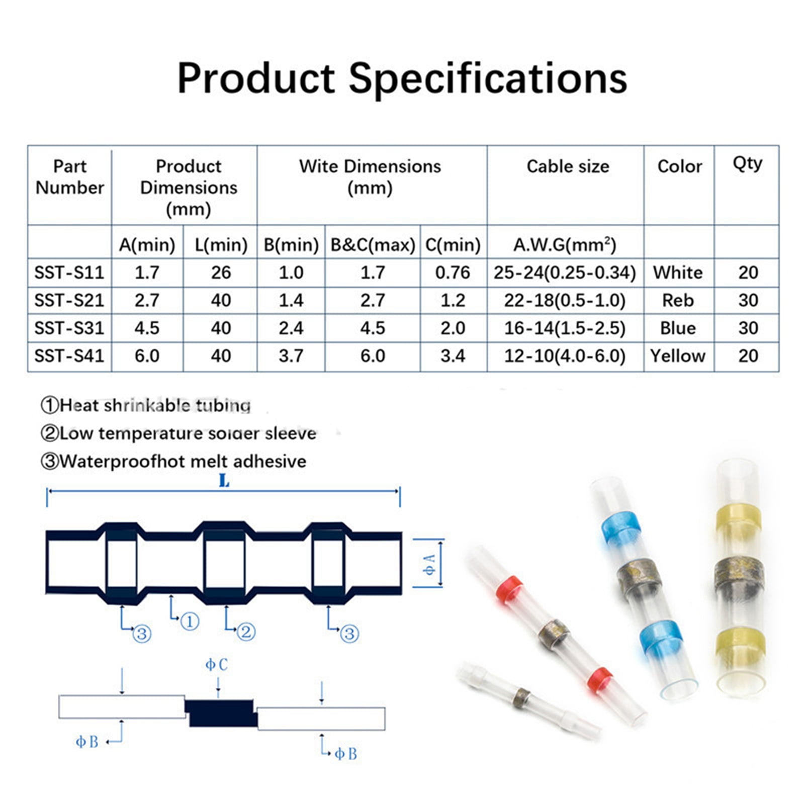 Neyseki 1 Set Heat Shrinkable Terminals Waterproof Solder Ring Insulated Butt Connectors ...