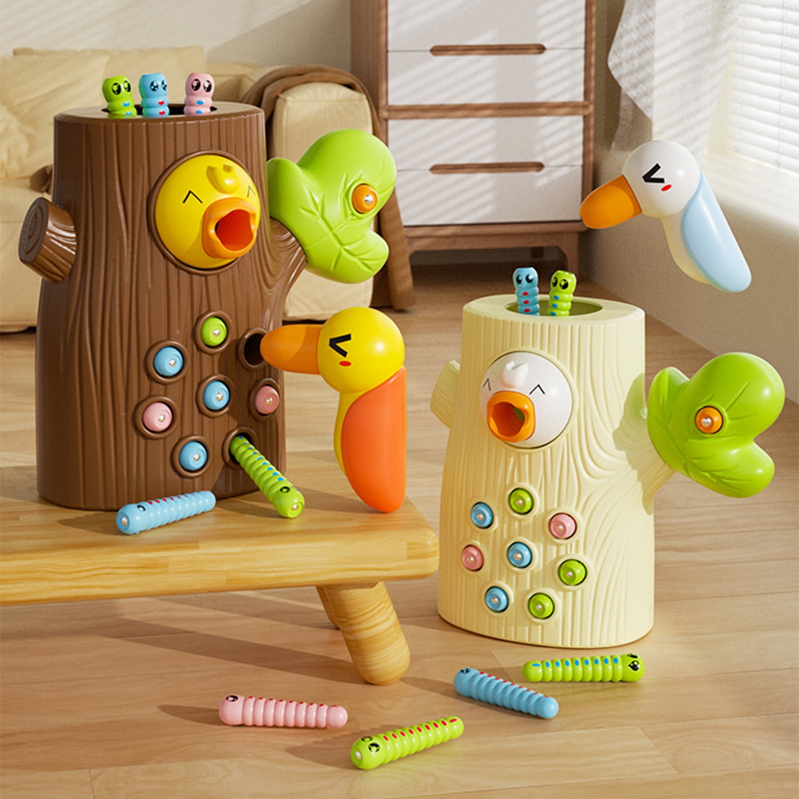 1 Set Kids Woodpecker Toy Tree Stump Caterpillar Catching Magnetic Bird ...