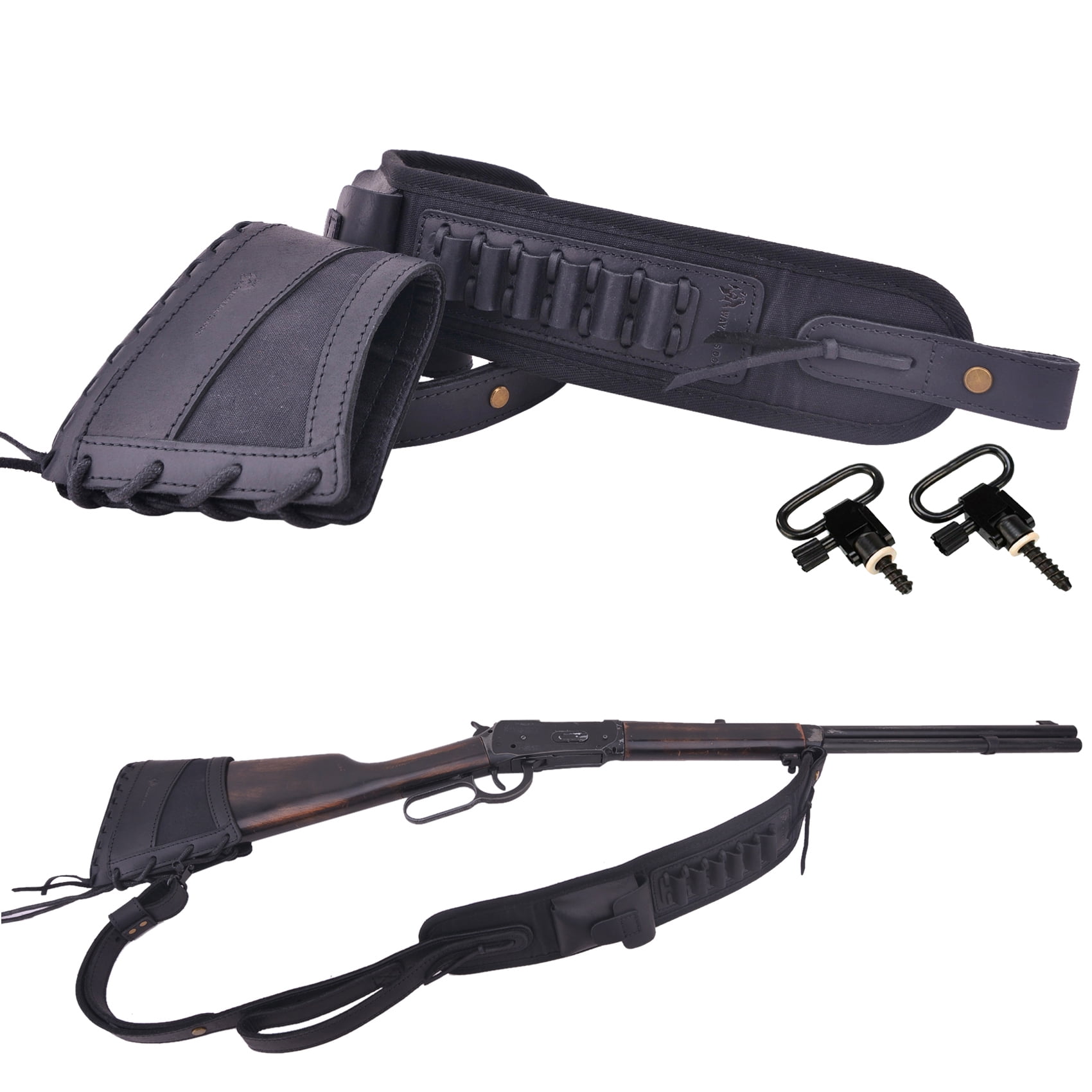 1 Set Leather Rifle Buttstock Recoil Pad WITH Canvas Vintage Gun Sling ...