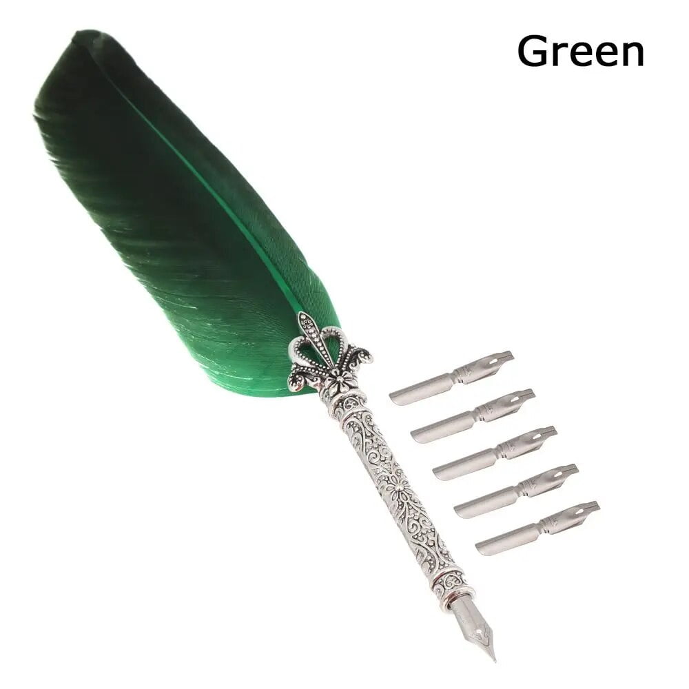 1 Set Luxury Vintage Turkey Feather Dip Fountain Pen + 5 Nibs English ...