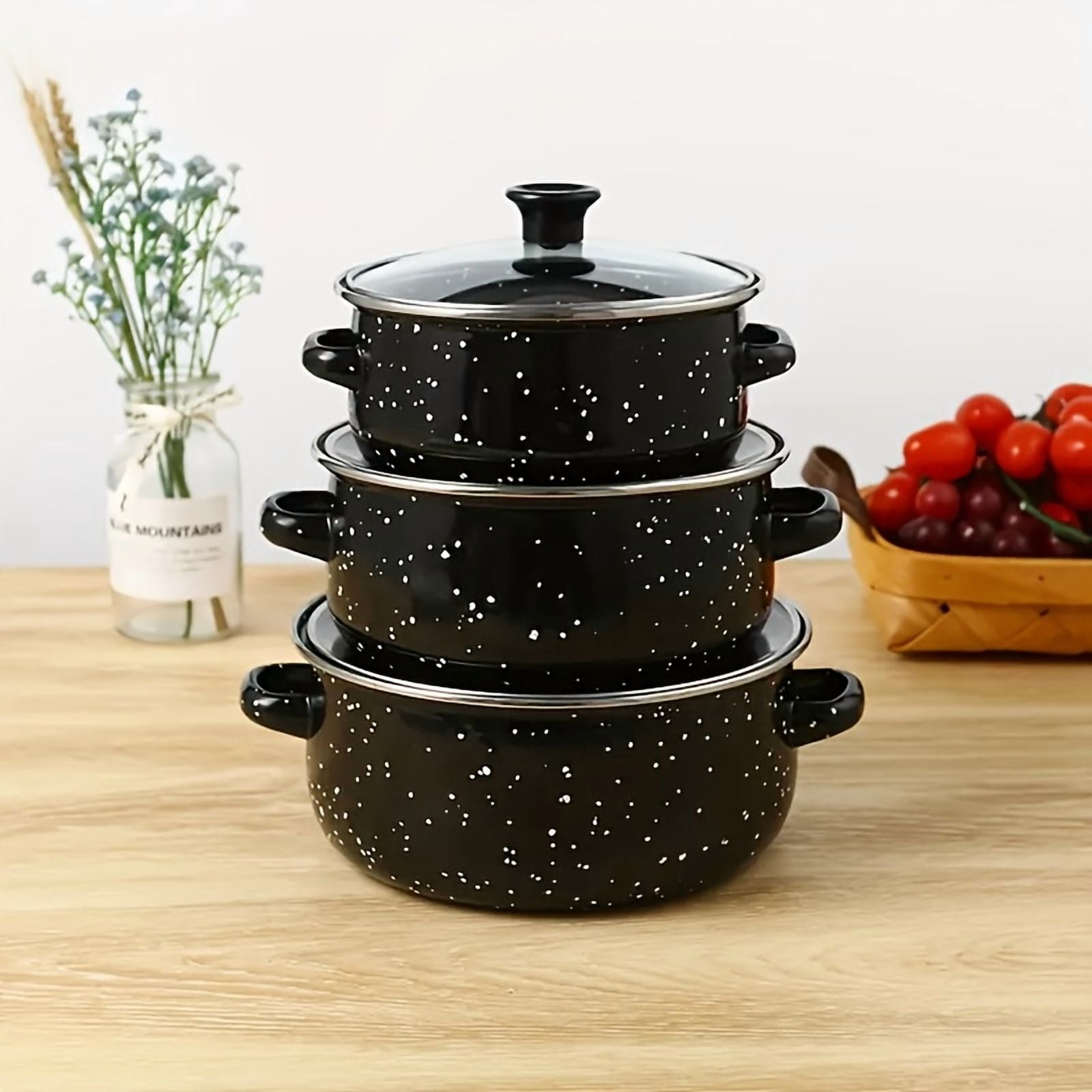 1 Set Multifunctional Enamel 3-Piece Pot Set | Lightweight Thin Design ...