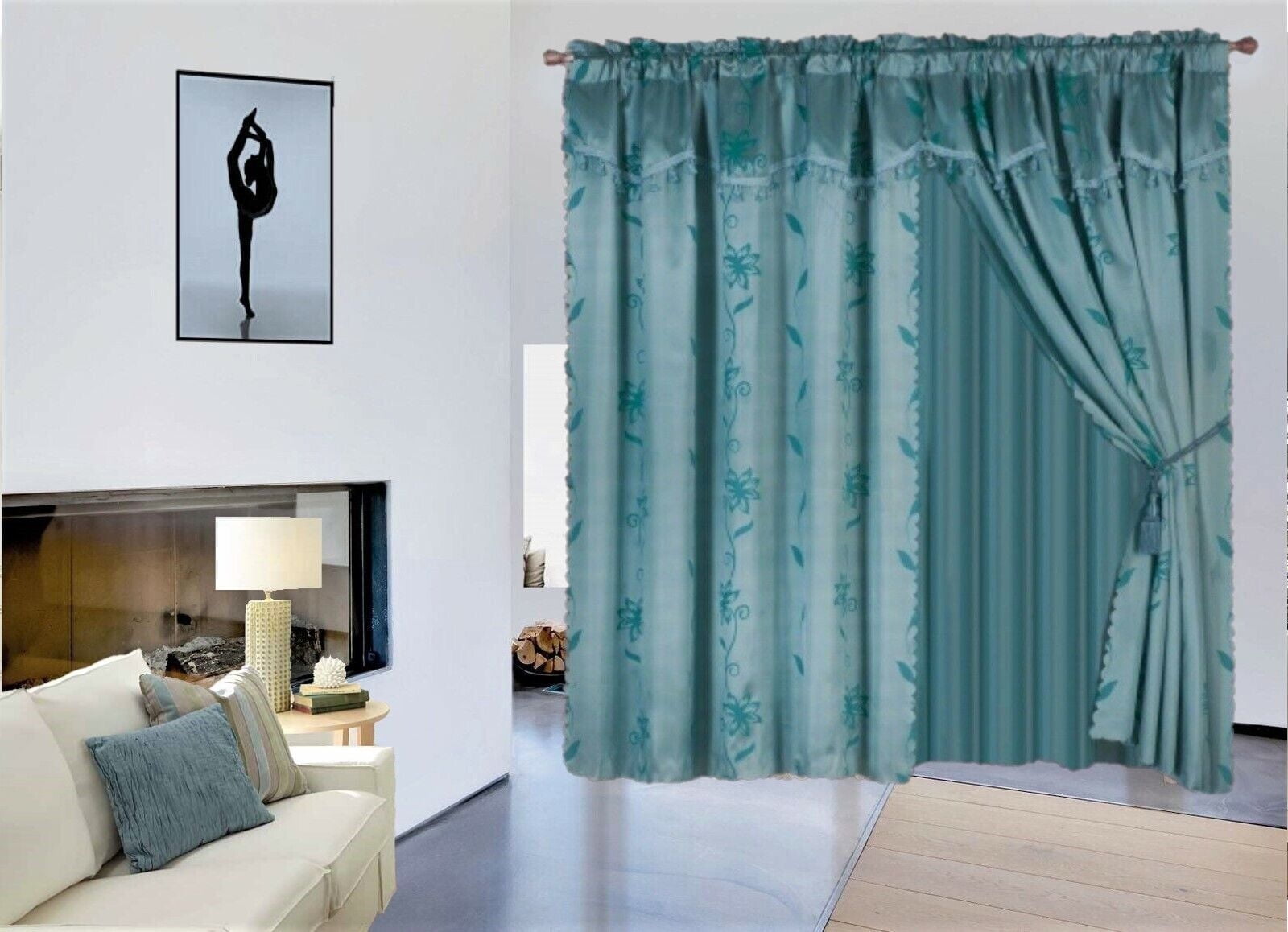 1 Set Nada Teal color Luxury Faux Jacquard Floral Design Panel, Rod ...