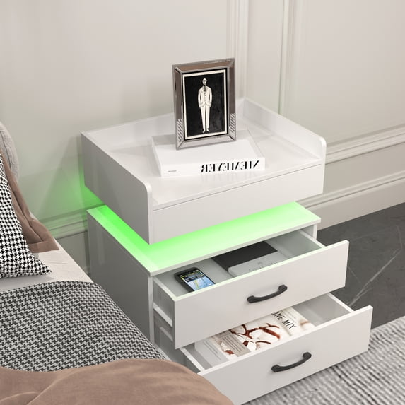 1 Set Nightstand with Adjustable LED Strip Light, 2-drawers, Large ...