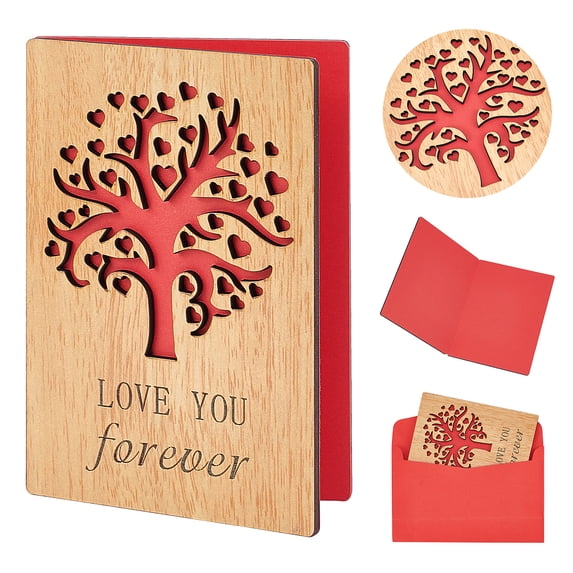 1 Set Rectangle with Pattern Wooden Greeting Cards with Red Paper ...