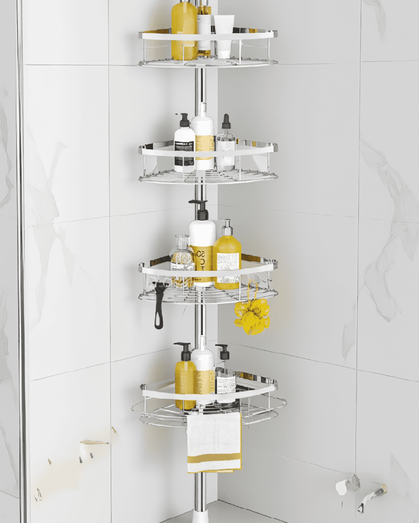 1 Set Shower Corner with 4 Adjustable Shelves, Tension Pole Bathroom ...