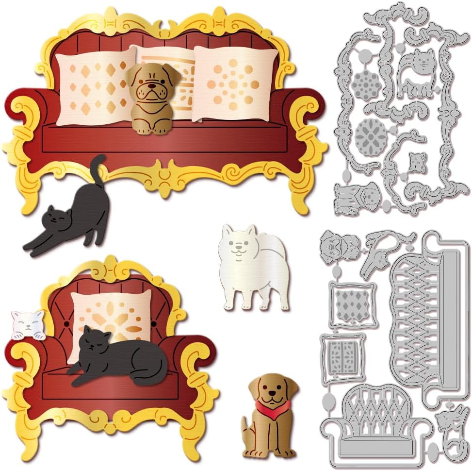 1 Set Sofa and Chair Cutting Dies Metal Retro Layered Cat and Dog ...