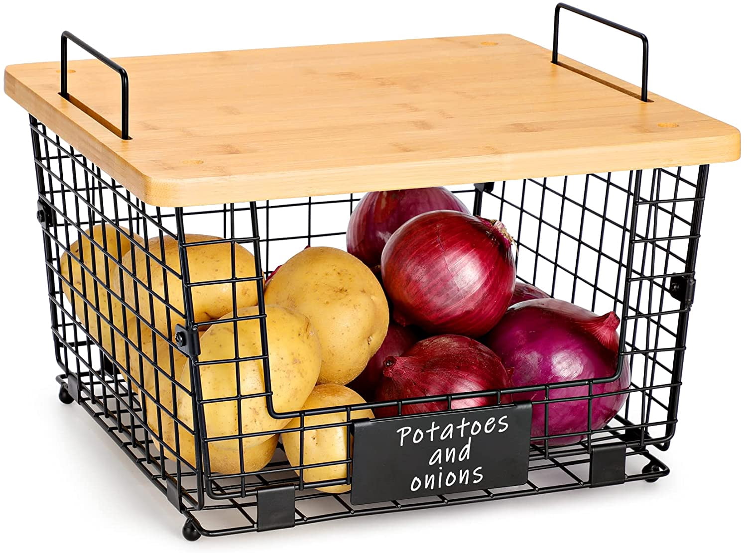 1 Set Stackable Wire Basket with Bamboo Top - Pantry, Kitchen Counter ...