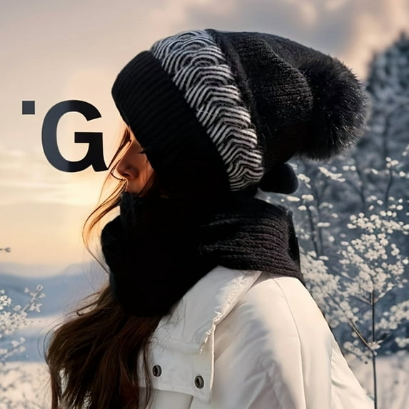 1 Set Unisex Korean Winter Hat & Scarf Set, -Lined Beige/Black/White ...