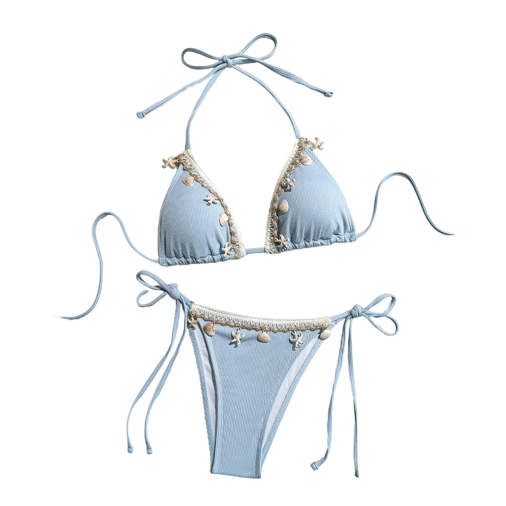 1 Set Women's Swimwear Shell Embellished Tied Neachwear Solid Color ...