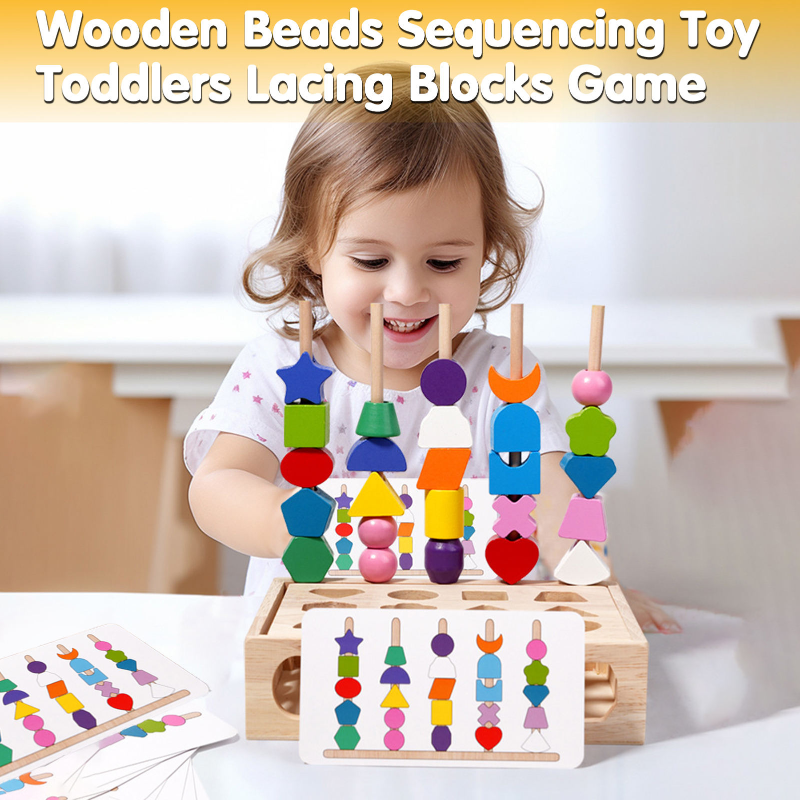 1 Set Wooden Beads Sequencing Toy Kids Stacking Lacing Blocks Game ...