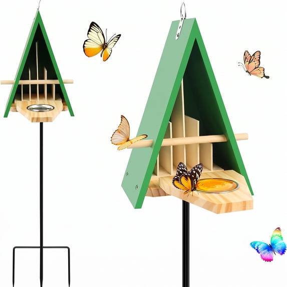 1 Set Wooden Butterfly House with Feeder for Outside, Pine Garden ...