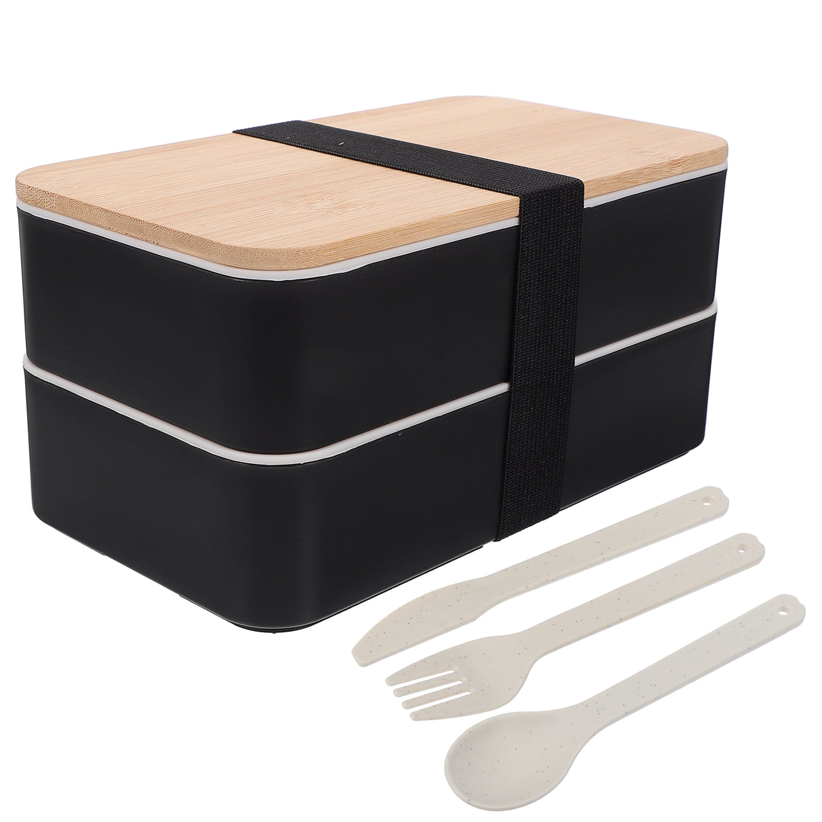 1 Set Wooden Lunch Box Bento Lunch Box Office Lunchbox 2-Tier Stackable ...