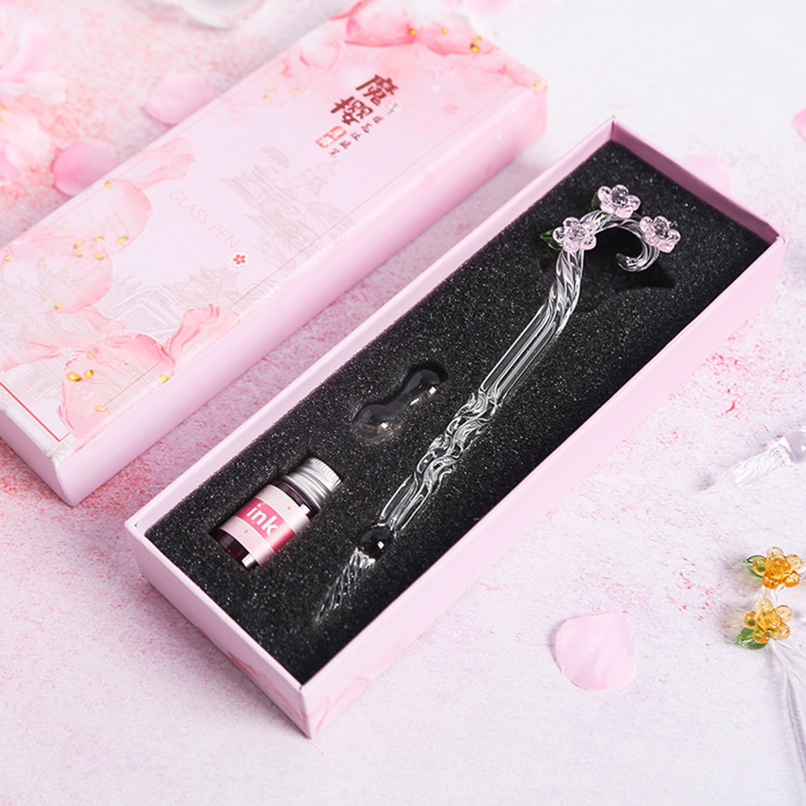 1 Set Writing Pen Flower Design Portable Glass Crystal Writing Dip Pen ...