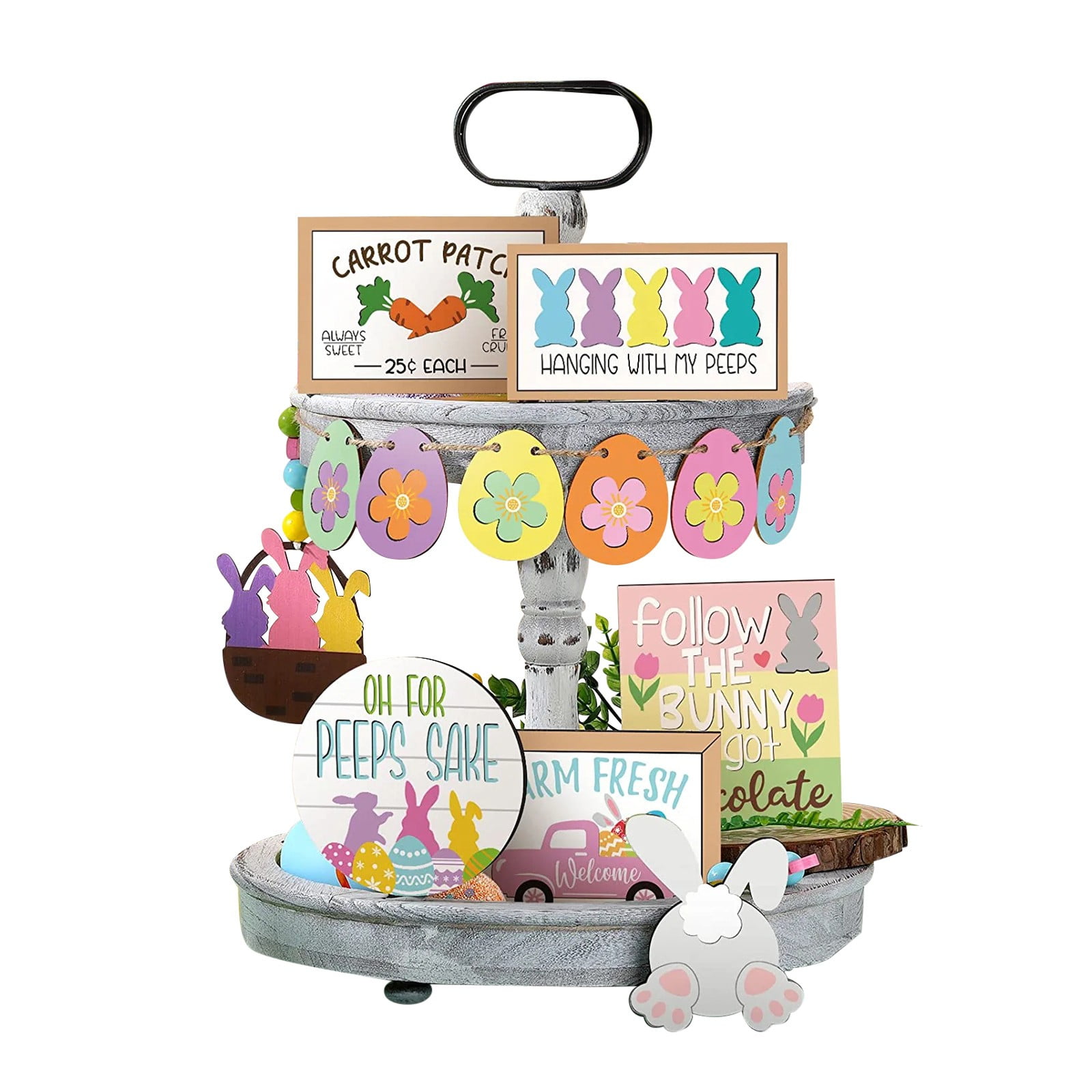 1 Set of Easter Tiered Tray Wooden Table Signs Green Gnome Block Party ...