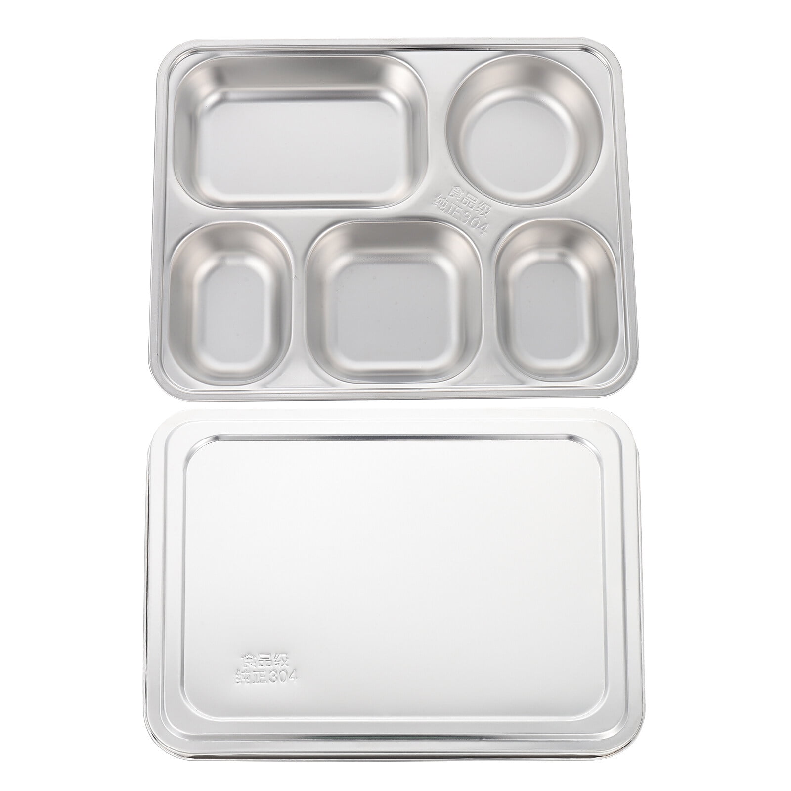 1 Set of Food 5 Grids Divided Plate with Lid School Canteen Stainless ...