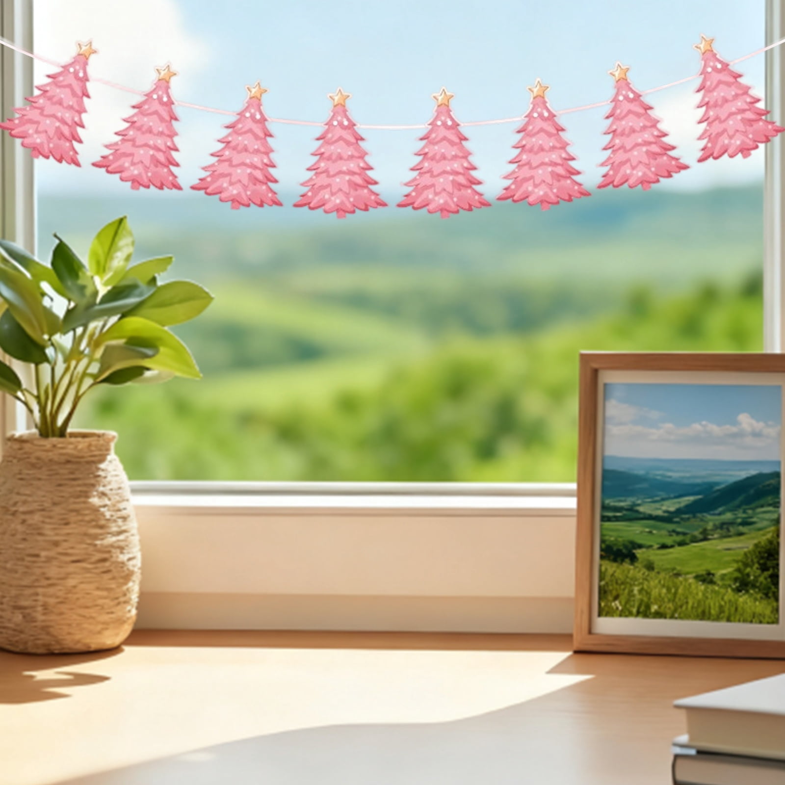 1 Set of Pink Flag Bunting, Featuring a Christmas Tree Design, Festive ...