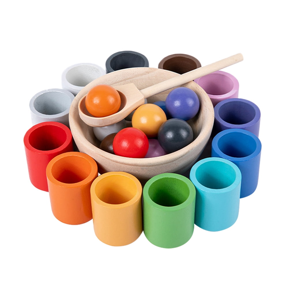 1 Set of Rainbow Balls in Cups Wooden Sorter Game Color Sorting and ...
