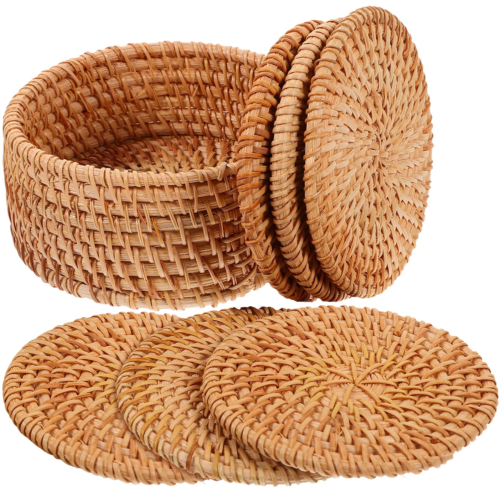 1 Set of Round Rattan Coaster Natural Rattan Woven Coasters Rustic Cup ...