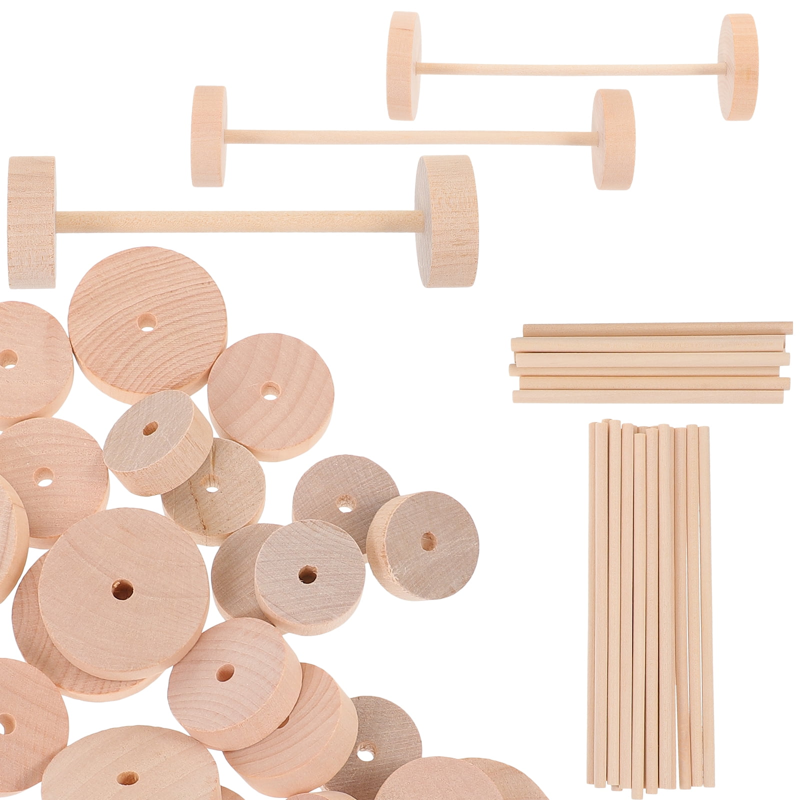 1 Set of Wooden Craft Wheels With Wood Sticks Diy Wood Car Toy Wheels ...