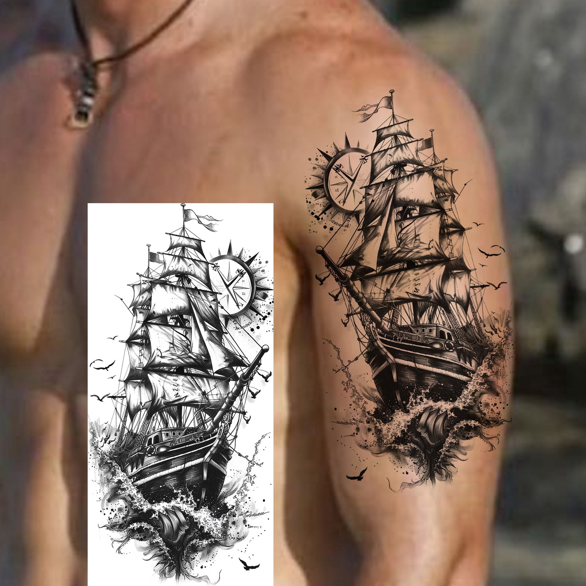 1 Sheet 3D Realistic Priate Ship Anchor Compass Temporary For Men Women ...
