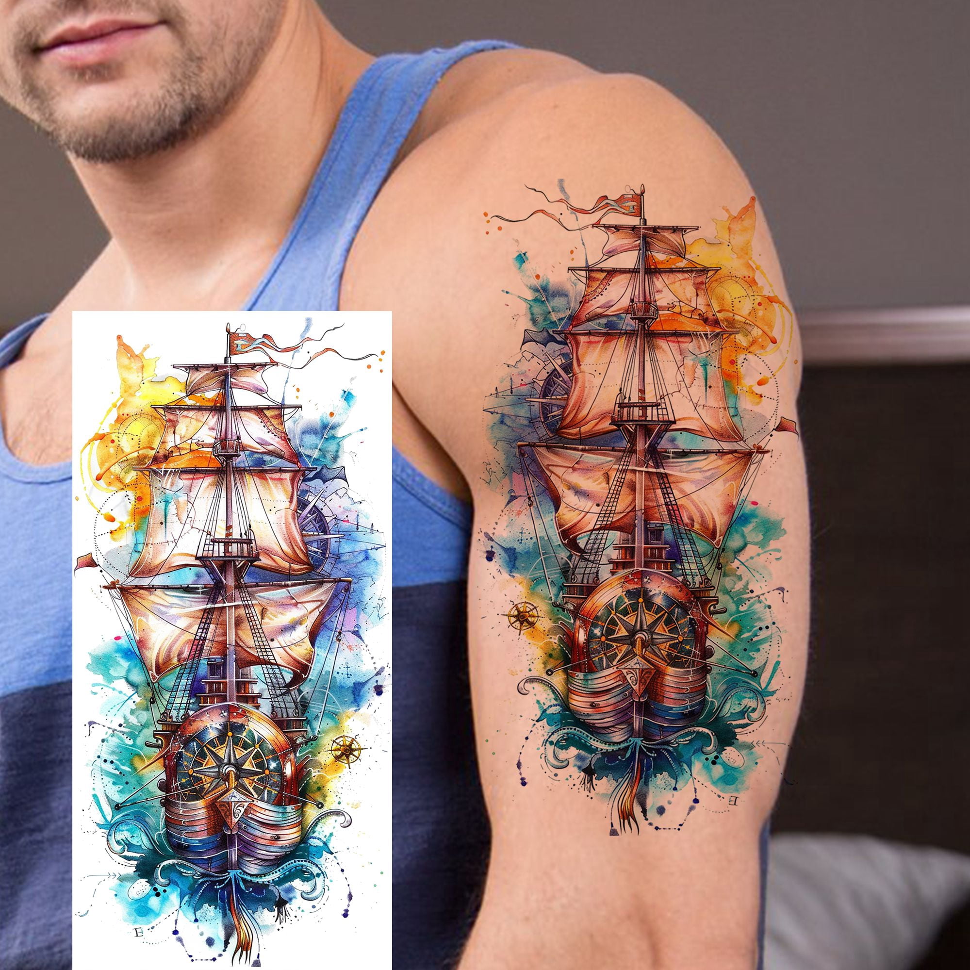 1 Sheet 3D Realistic Priate Ship Anchor Compass Temporary For Men Women ...