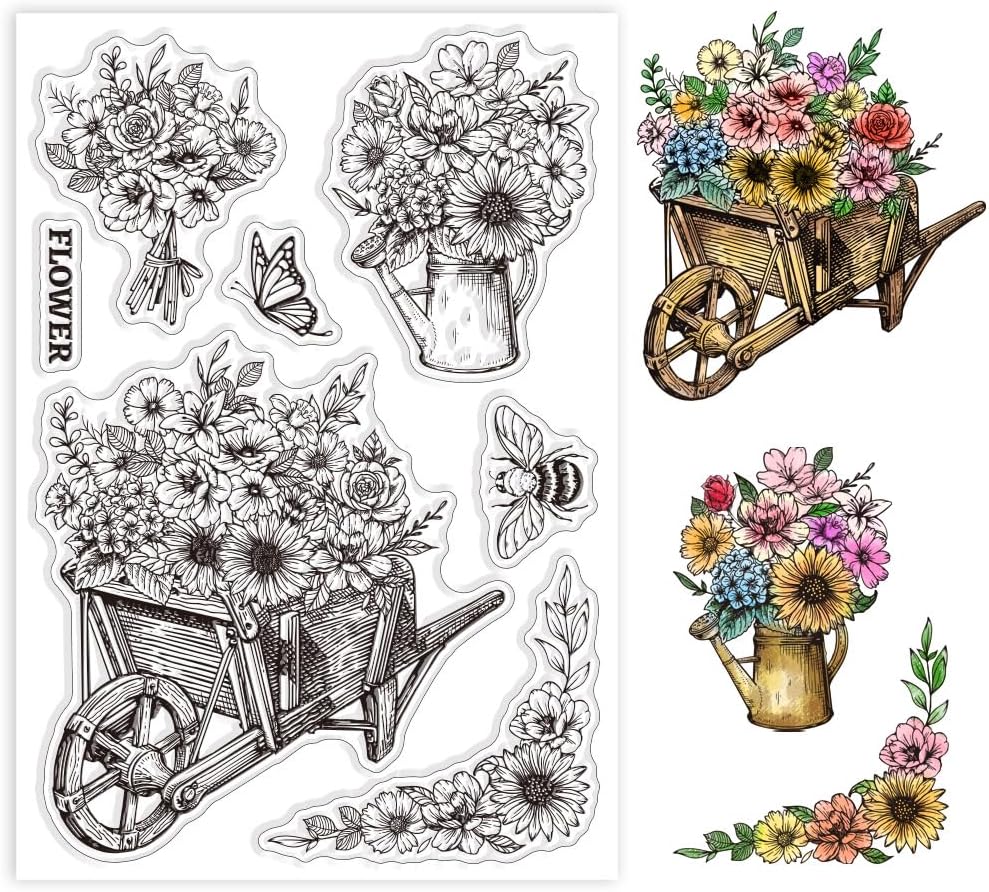 1 Sheet Garden Flower Cart Clear Stamps for Cards Making Bouquet Clear ...