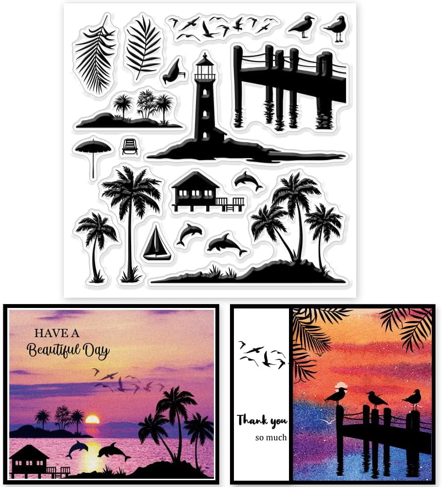 1 Sheet Island Silhouette Clear Stamps Coconut Tree Silhouette Silicone ...