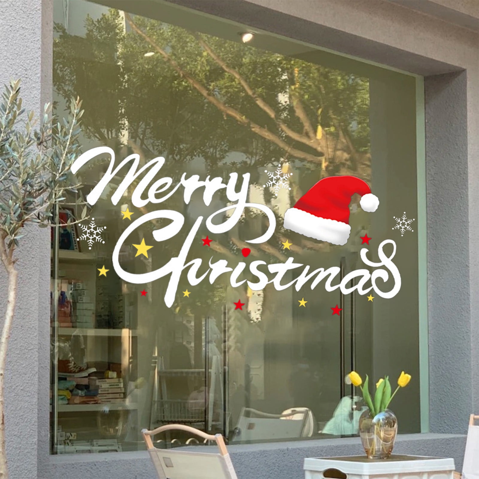 1 Sheet Large Merry Christmas Window Clings Foil Gold Xmas Tree ...