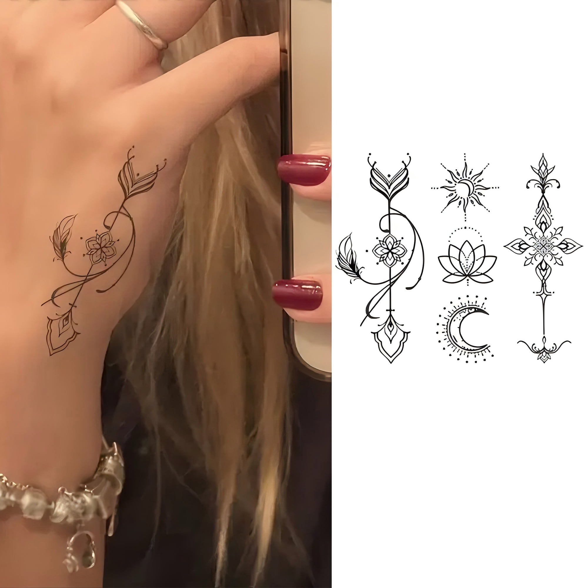 1 Sheet Lotus Crestent Arrow Chain Temporary For Women Hand Finger ...