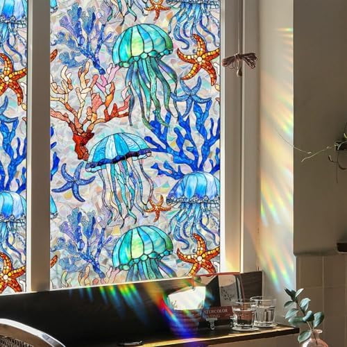 1 Sheet Ocean Theme Window Clings Watercolor Summer Stained Window Film ...