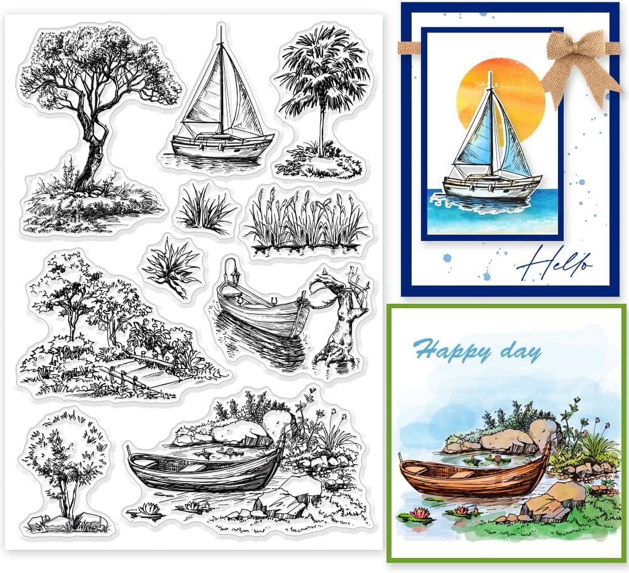 1 Sheet Tree Boat Pond Clear Stamps for Cards Making Natural Scene ...