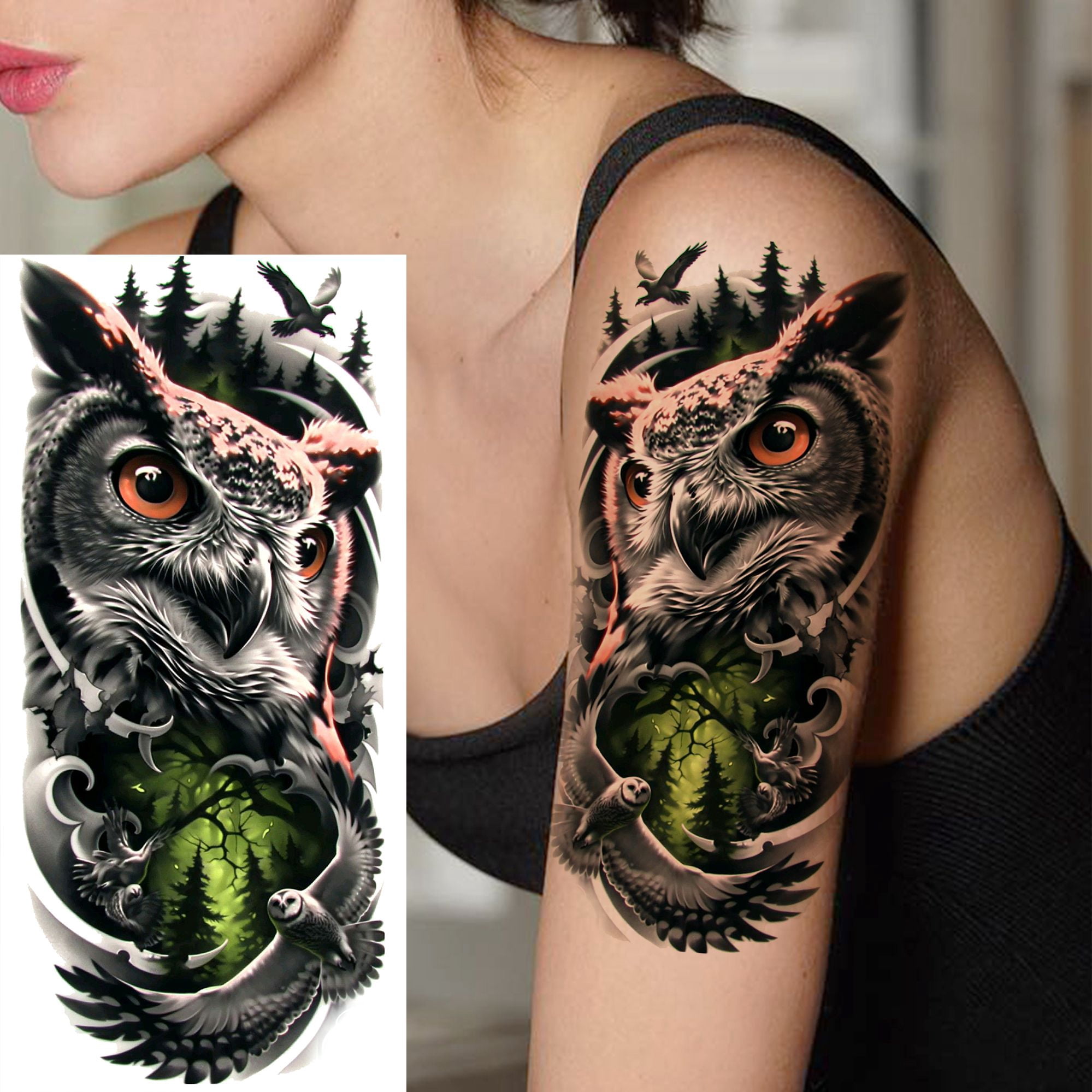 1 Sheet Trendy Realistic Owl Tiger Skull Temporary For Men Women Adults ...