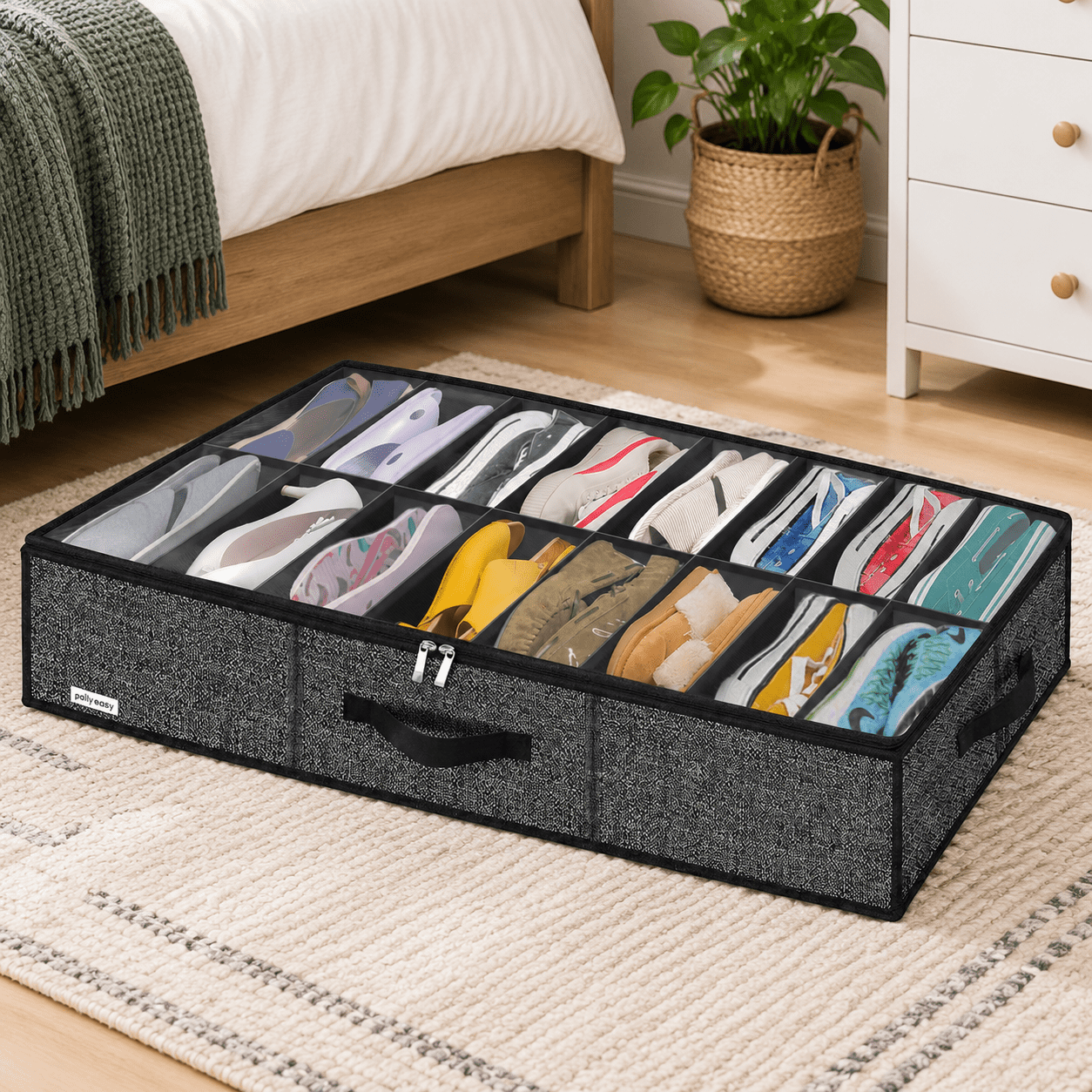 1 Shoes (16 Cells) Linen-like Black Under Bed Shoe Storage Organizer ...
